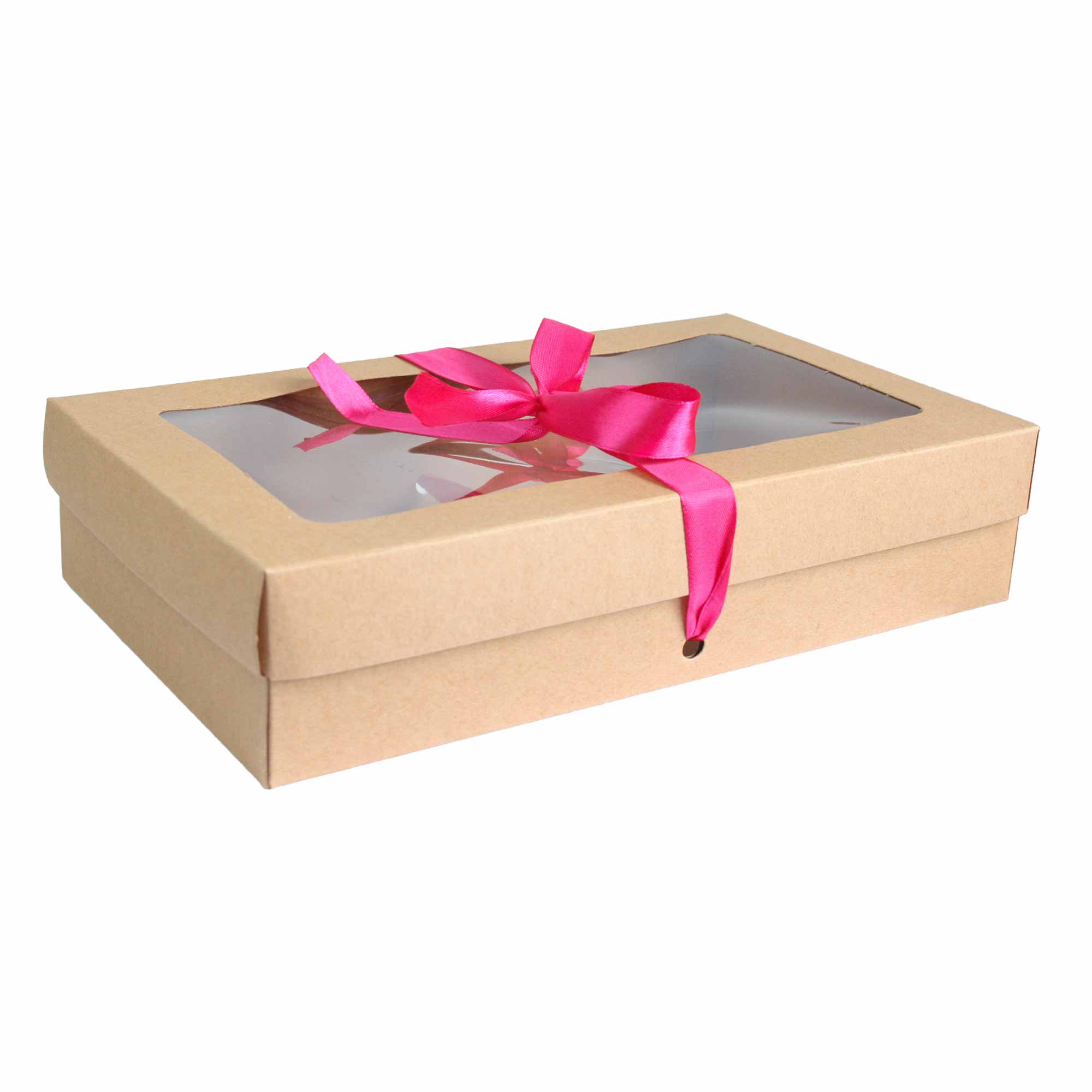 Brown Kraft Gift Boxes with Clear Lid & Satin Ribbon Pack of 12 (Sizes ...