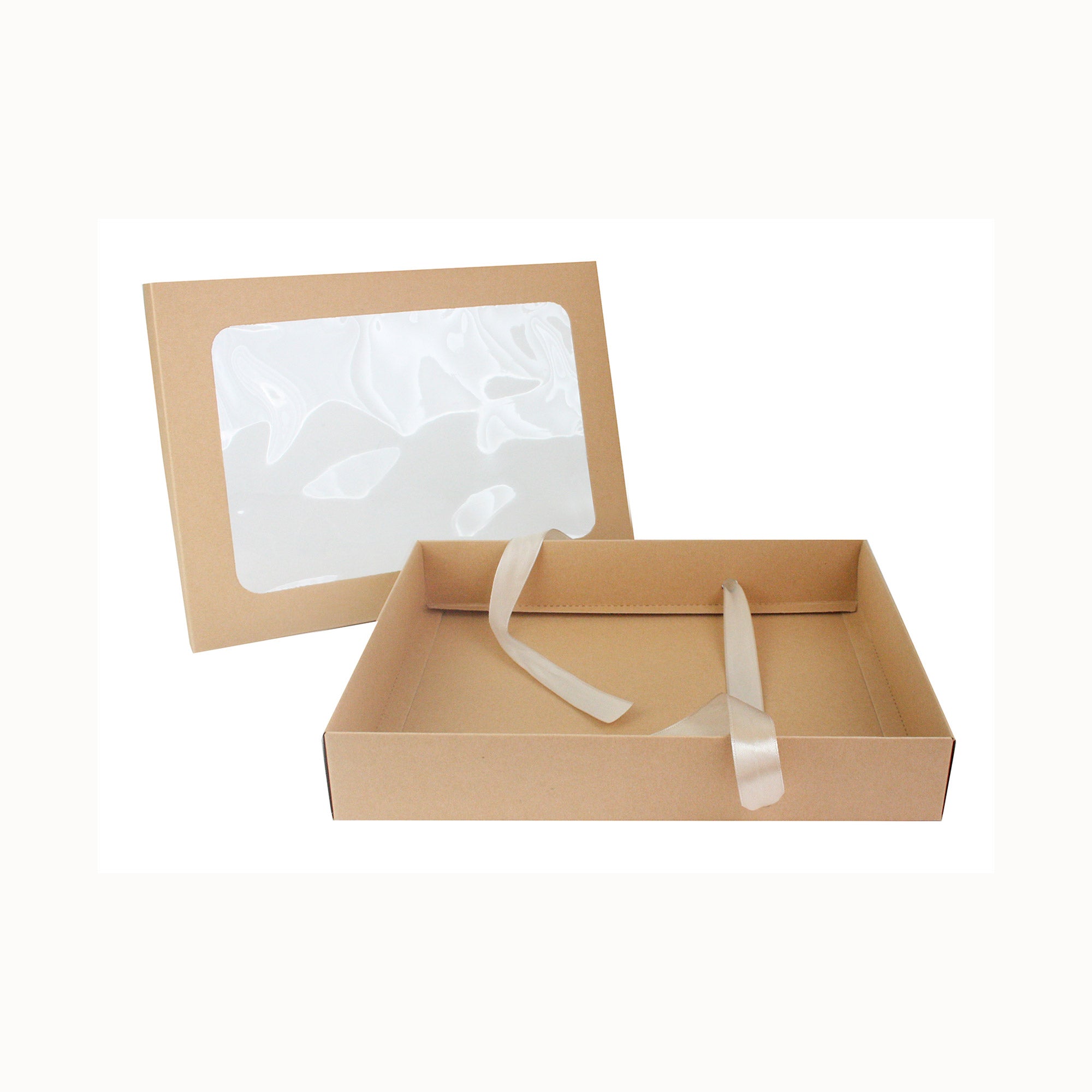 Brown Kraft Gift Boxes with Clear Lid & Satin Ribbon Pack of 12 (Sizes ...